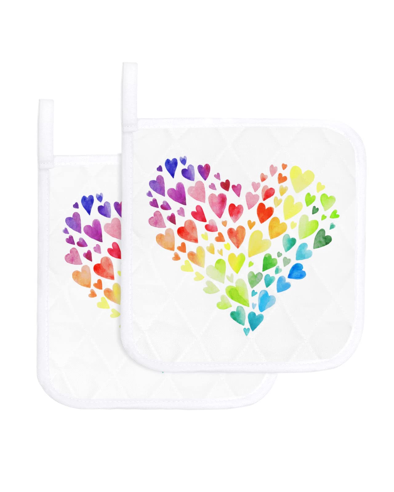 Pot Holders for Kitchen Colorful Rainbow Love Heart Heat Resistant Potholders Summer Romantic Hot Pads Non Slip Kitchen Pot Holders Set of 2 for BBQ Cooking Baking Grilling