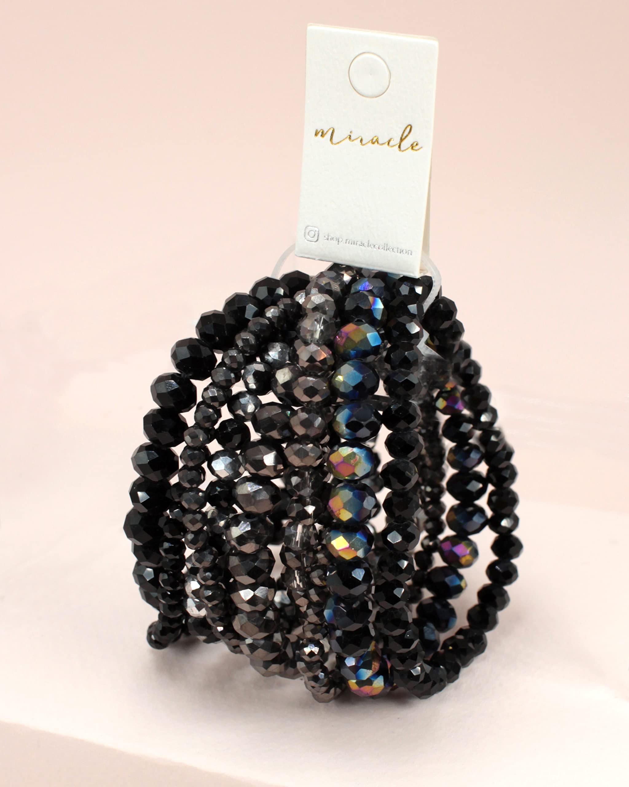 Miracle Collection Bohemian 9 Strands Crystal Beaded Multi-Layer Stacking Elastic Bracelets - Versatile Stretch Strand Statement Bracelet (LIGHT GREY)