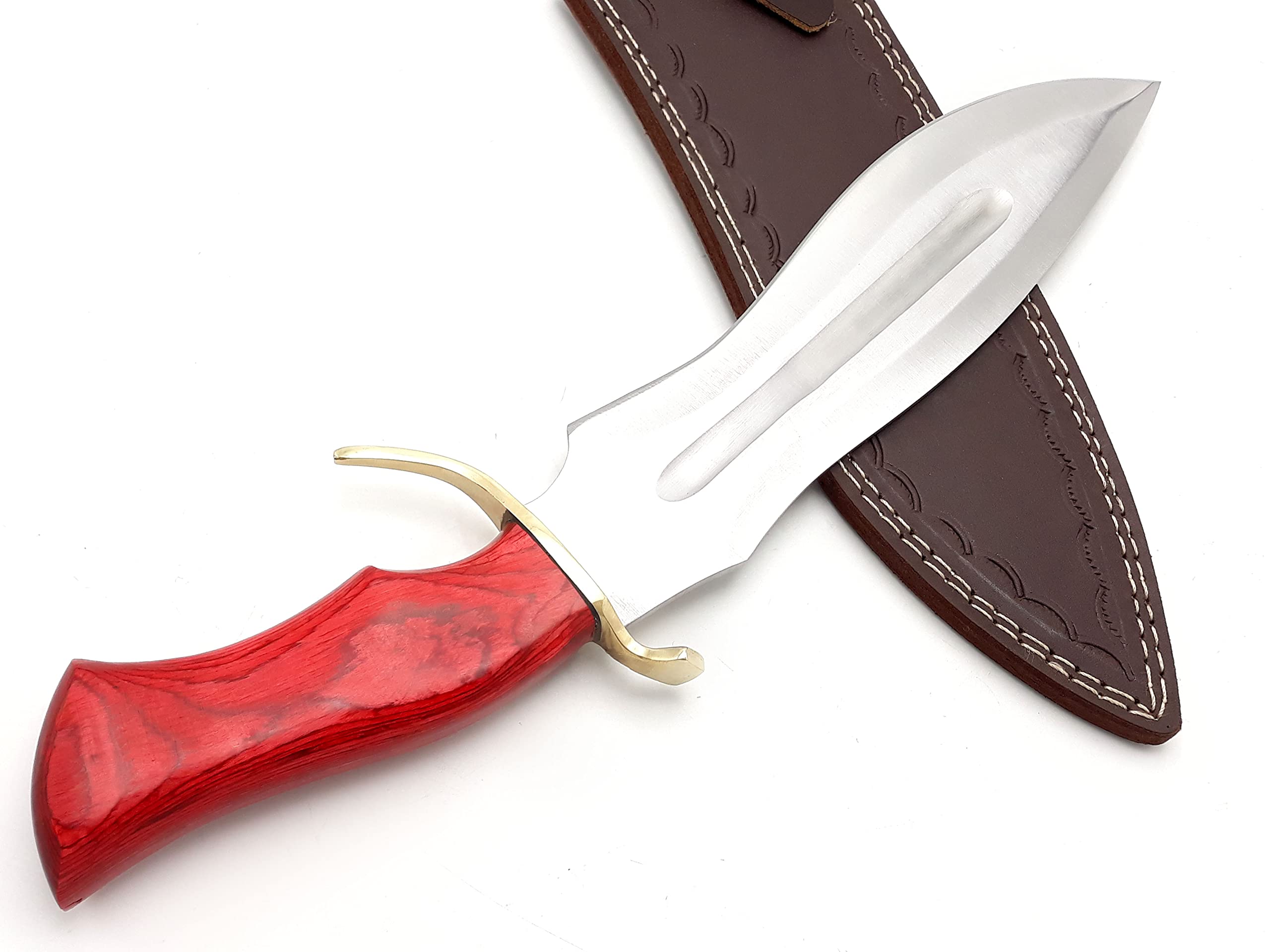 Nooraki - 15.5" Handmade D2 Steel Fixed Blade Bowie Knife with Leather Sheath, Multipurpose Knife with Brass Guard and Red Pakka Wood Handle for Everyday Carry, Camping, Hunting
