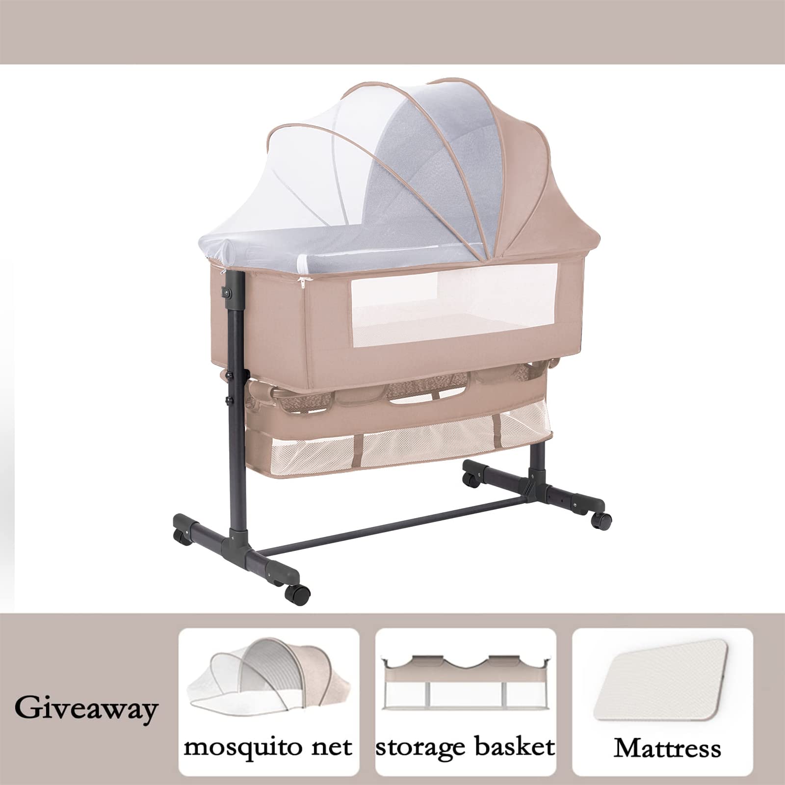 Scxfedor Bedside Bassinet for Baby,Baby Bedside Crib with Storage Basket, Bassinet Bedside Sleeper Adjustable Portable Bed for Infant,Baby Bassinets Bedside Sleeper(Brown)