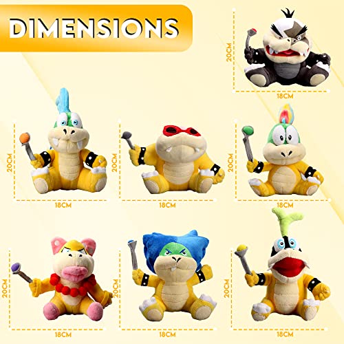 PRIMETOYC Koopa 7 Pieces Complete Set Soft Plush Toy Mario Bowser Super Koopalings Larry Iggy Lemmy Roy Ludwig Wendy Morton 8 Inch Doll