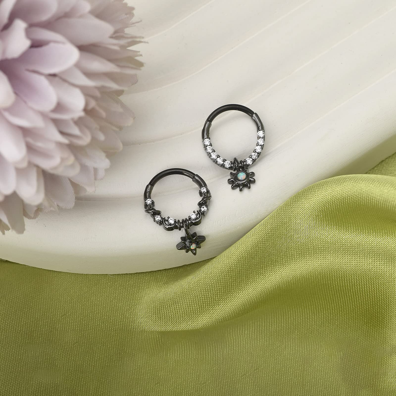 Qmcandy 6pcs Stainless Steel Wire Wrapped Septum Clicker Triple Spike Hinged Seamless Ring 16g Nose Piercing Jewelry, Black 3/8"