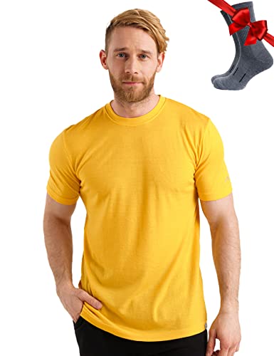 Merino.tech Merino Wool T-Shirt Mens - 100% Organic Merino Wool Undershirt Lightweight Base Layer + Hiking Wool Socks (X-Large, Mustard)