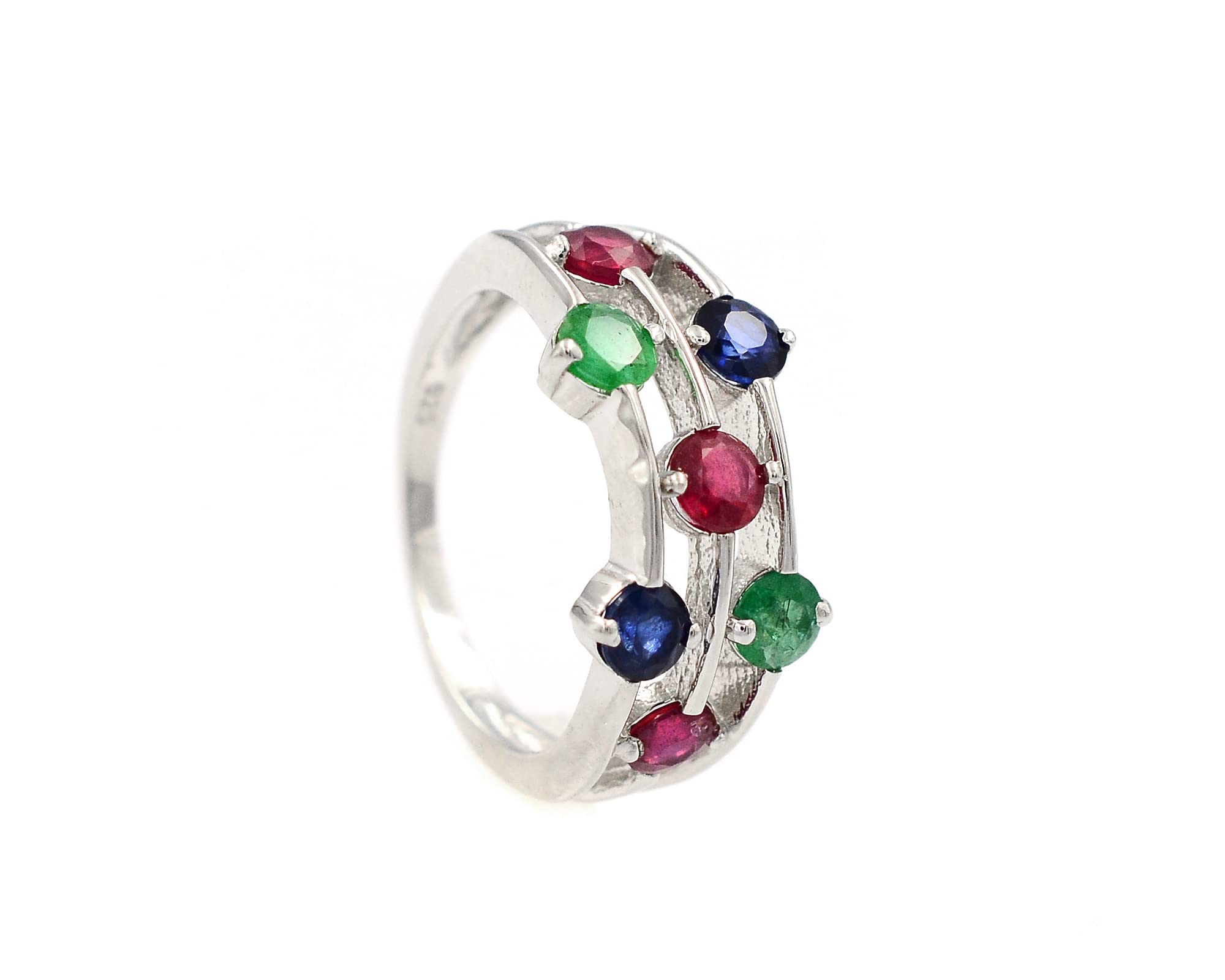 Natural Ruby Emerald Sapphire Mix Gemstone 4 MM Round Cut 925 Sterling Silver Cluster Unisex Proposal Ring For Christmas Gift (Rhodium Plated Silver, 11)