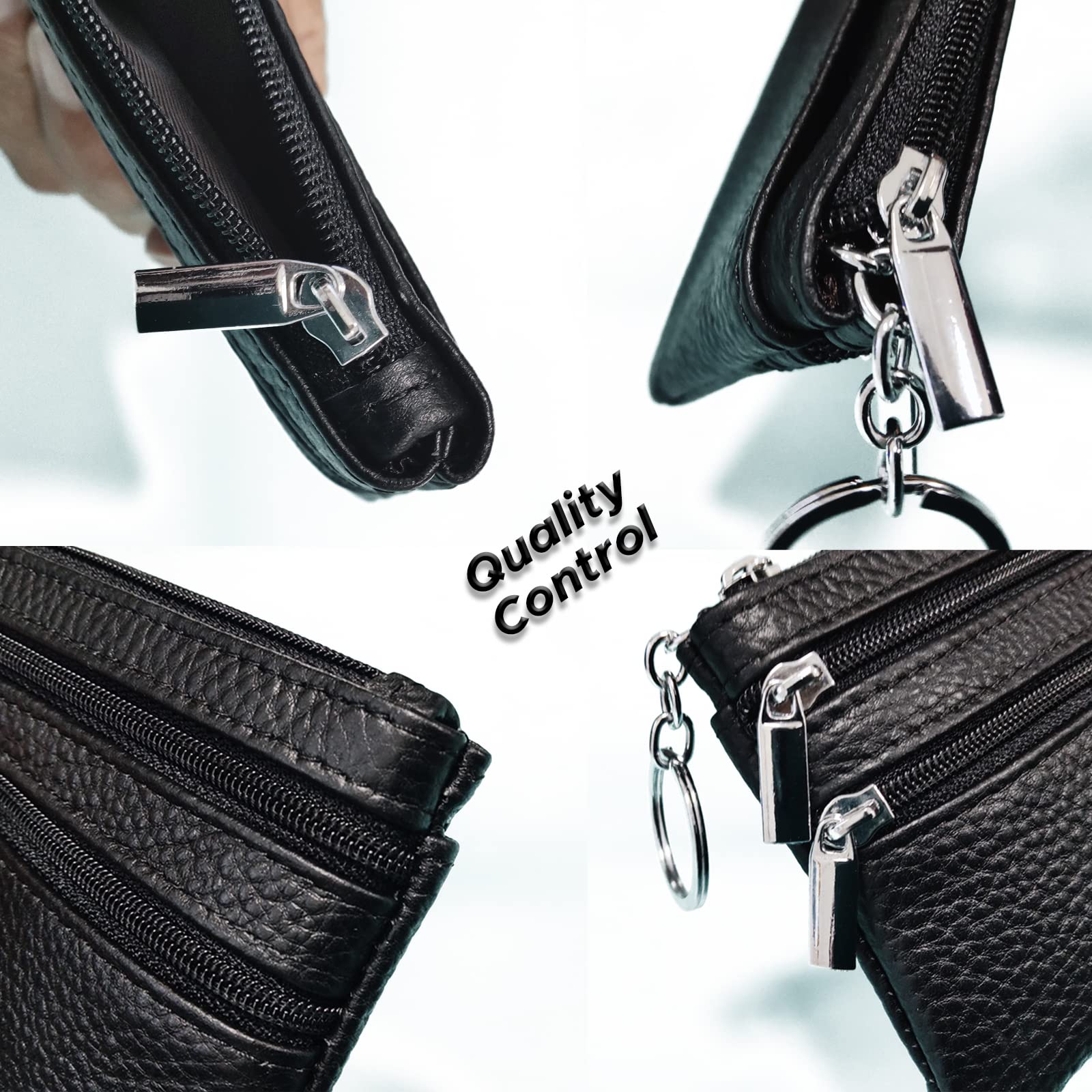 Naviurway Genuine Leather Coin Purse 3 Zipper Mini Pouch Change Wallet Key Fob Holder (Black)