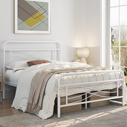 Yaheetech Full Bed Frames Metal Platform Bed Mattress Foundation with Criss-Cross Design Headboard, Ample Underbed Storage Space, Heavy Duty Slat Support, No Box Spring Needed, Full Size White