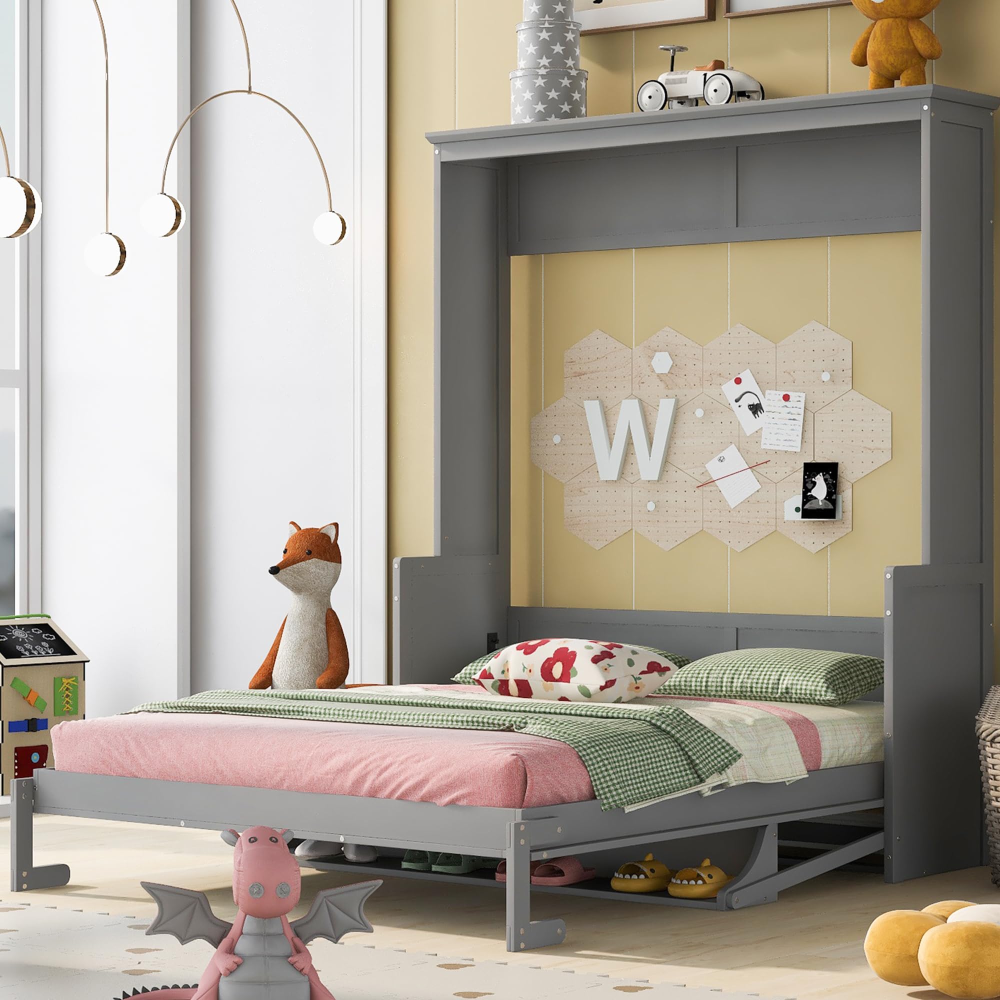 King Size Upholstered Platform Bed with Oversized Padded Backrest, King Bed Frame with Thickening Pine Wooden Slats and Metal Leg, No Box Spring Needed, Grey