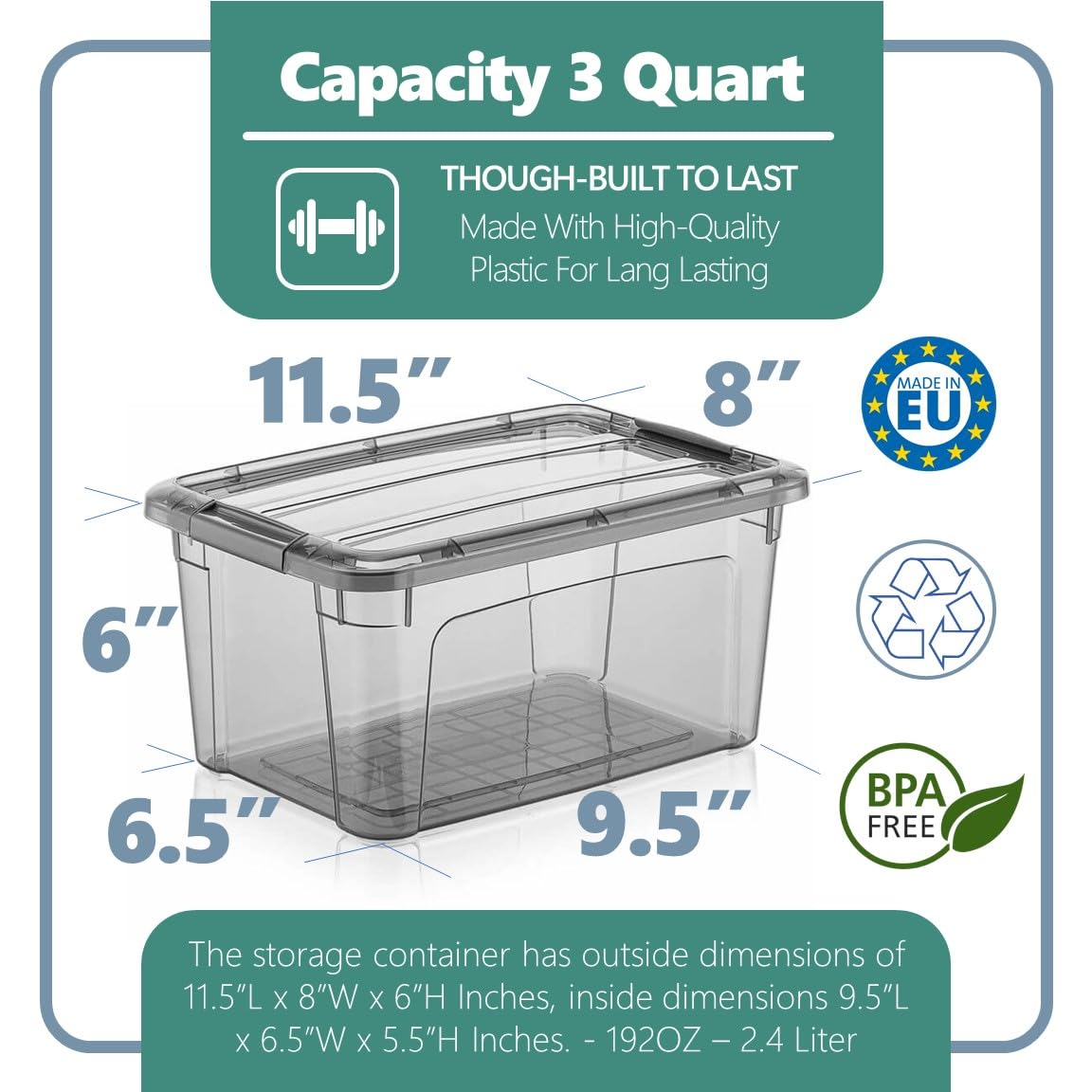 Tribello 6 Quart Storage Containers with Lids, Plastic Storage Bins with Latching Lids For Organizing - Tinted - (11.5β x 8β x 6β) - Set of 4 - Made in EU