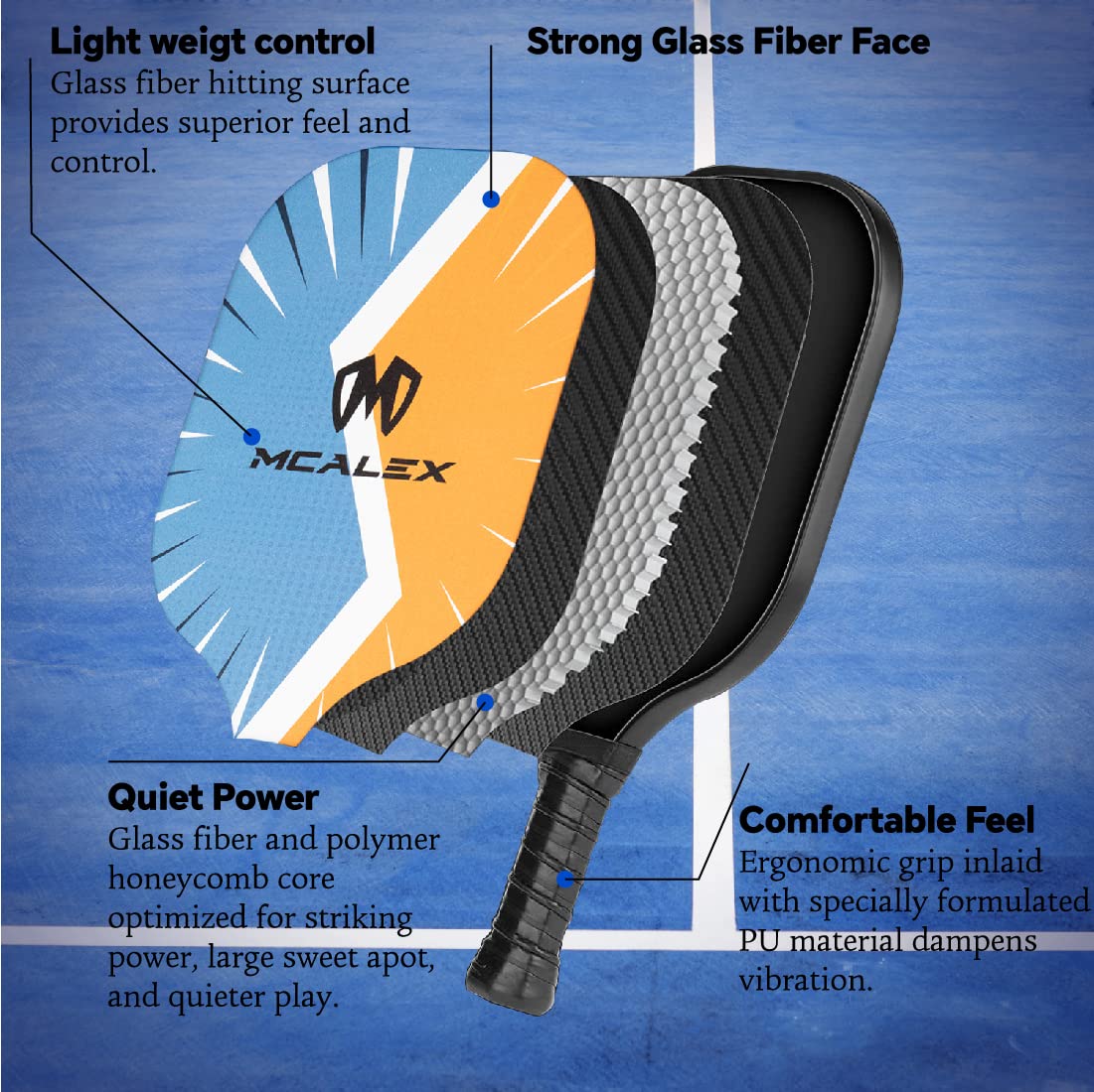 MCALEX Graphite Pickleball Paddles, Graphite Carbon Fiber Surface with Cushion Comfort Grip Easy to Hold, 8.2 Ounces, for Indoor and Outdoor (Orange/Blue)