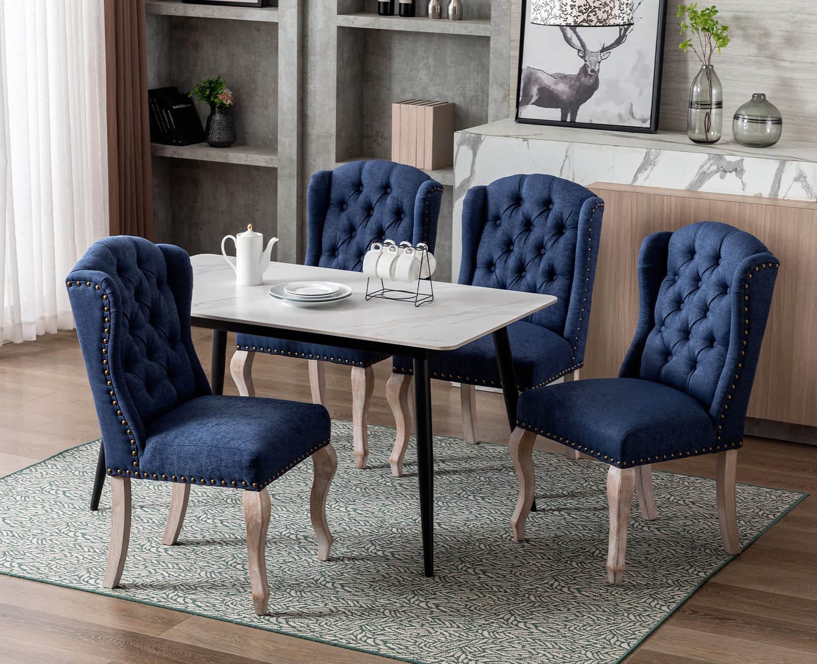 K.MAX Tufted Dining Chairs Fabric Accent Chairs for Living Room Mid Century Modern Armless Dining Chair with Wood Legs Nailhead Trim for Kitchen Set of 4, Grey