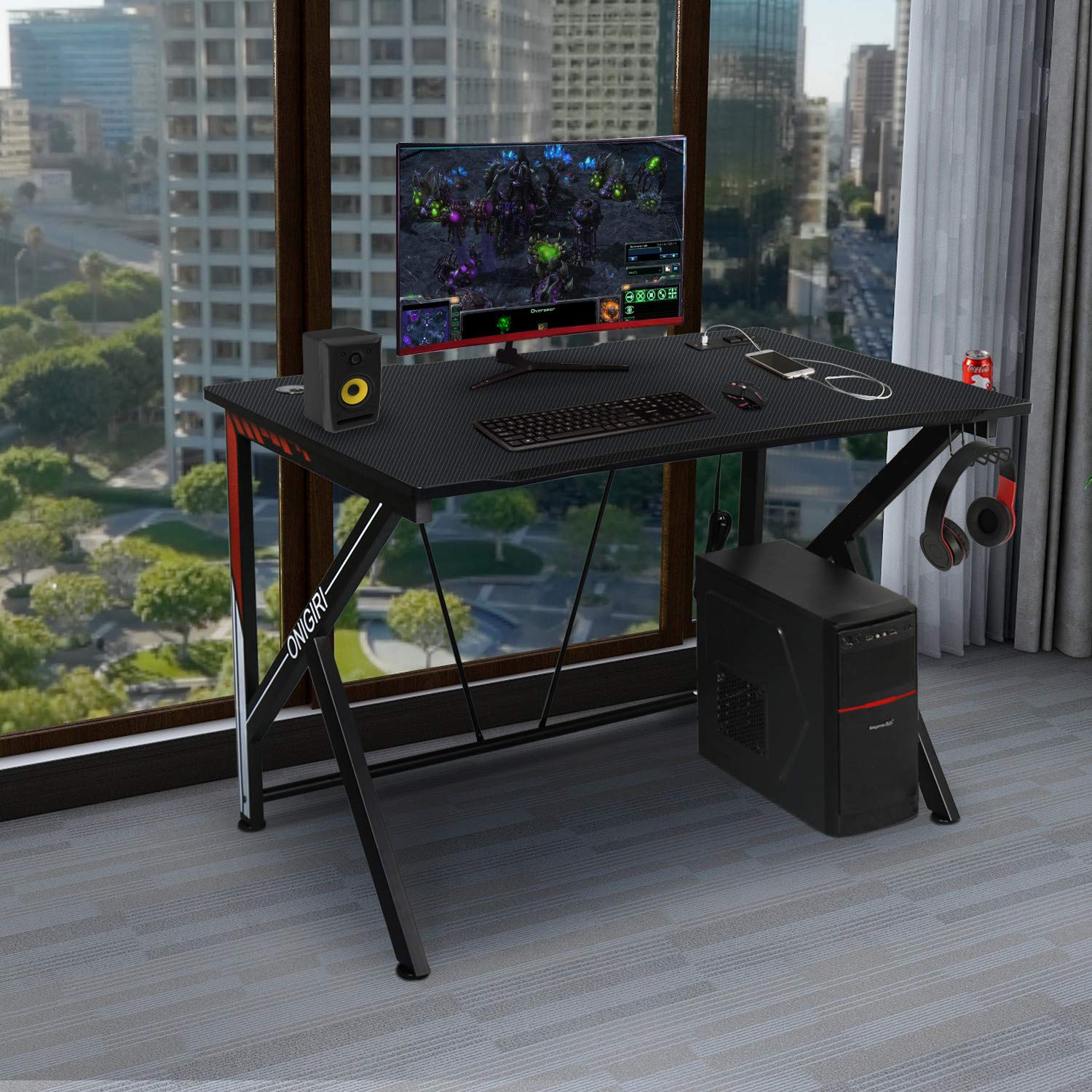 LYNSLIM Gaming Desk Computer Table 45.66" Large E-Sports Home Computer Desk with Multi-Function Socket Large Carbon Fiber Surface,Heavy Duty Construction for Home or Office Workstation Game Table