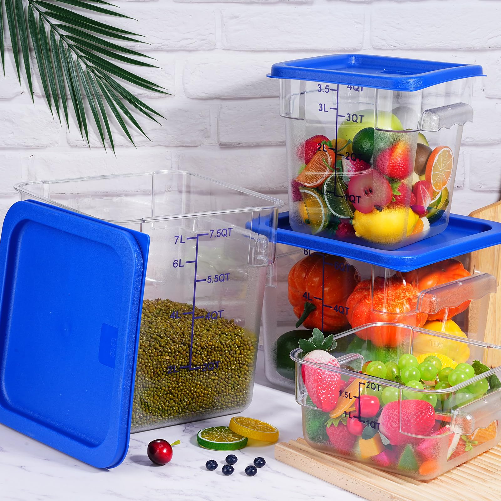 Kigley 4 Pcs Food Storage Containers with Lids Set 2 Qt 4 Qt 6 Qt 7.5 Qt Clear Square Commercial Food Storage Container with Scale Handle for Home Restaurant Kitchen Food Prep(Red)