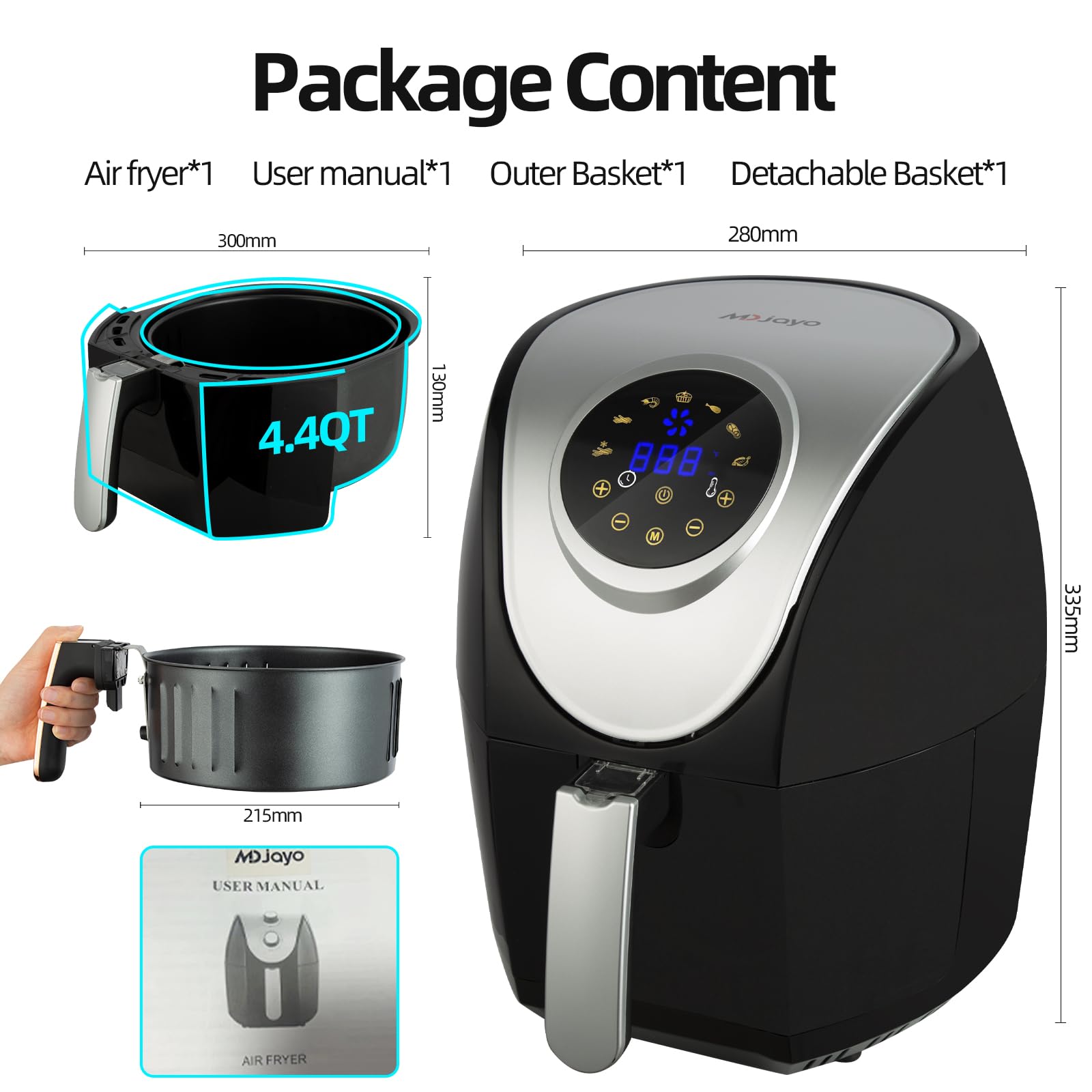 Mdjayo 4.4qt Air Fryer, Compact Oil Free Cooker, Smart Deep Airfryer Oven, 7-In-1 Digital LCD Touch Screen, Double Detachable & Dishwasher Safe Basket, Best Kitchen Accessories, Black