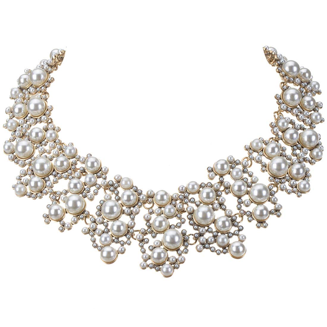 Jerollin Pearl Choker Tassel Collar Statement Necklace for Evening Party White
