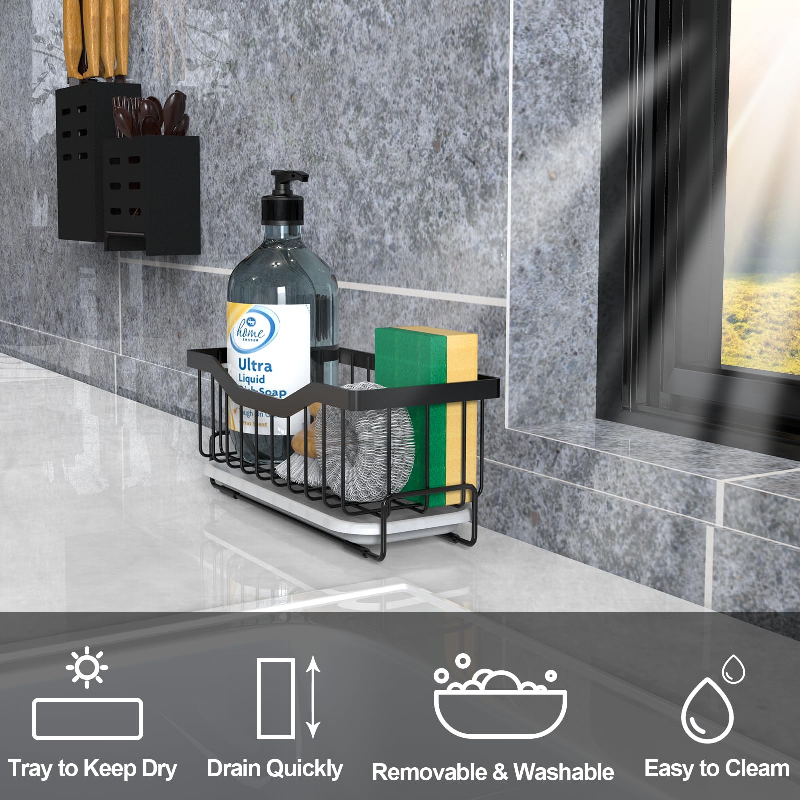 Maifan Kitchen Sink Caddy Sink Organizer, Sponge Caddy Holder for Kitchen Sink, Stainless Steel Rustproof Dish Kitchen Caddy Brush Holder with Drain Tray for Kitchen Countertop Storage Gadgets