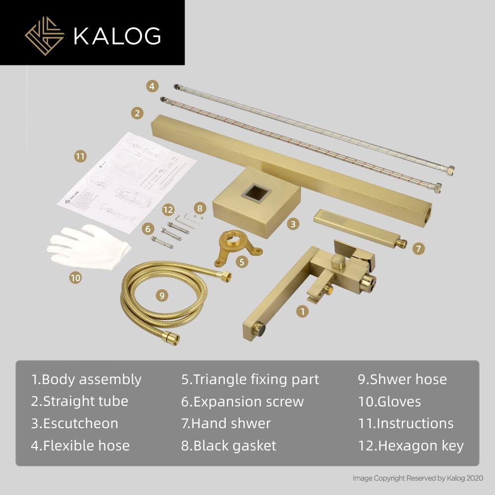 Kalog Single Handle Freestanding Tub Filler Floor Mount Bathtub Faucet with Square Handheld Shower (Brushed Gold-E)