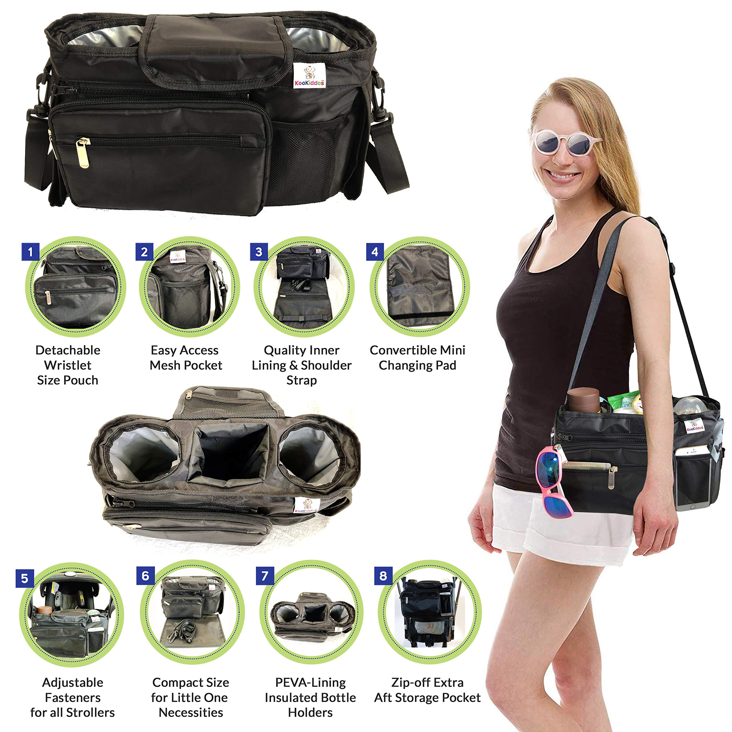 KOOKIDDOS Baby Stroller Organizer with Cup Holders Insulated, Baby Diaper Storage Organizers and Shoulder Strap Organizer Bag for Accessories, Fits Uppababy, Doona, Britax, Baby Jogger, Bugaboo, BOB