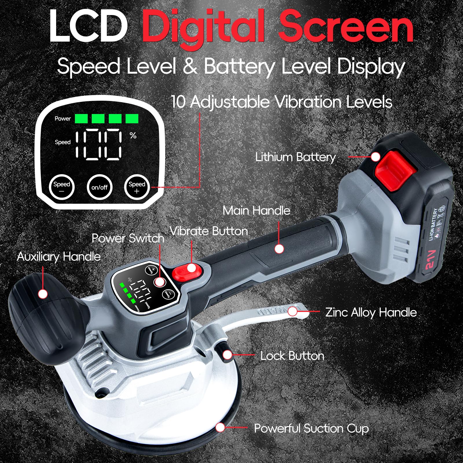 Tile Vibration Tool,Prodcyc Cordless Tile Vibration Leveling Machine with LCD Display & 2 Battery, Tile Suction Cup Vibrating Tool 10 Adjustable Speed,Tile Tools for Floor,Tile,Wall (Black)