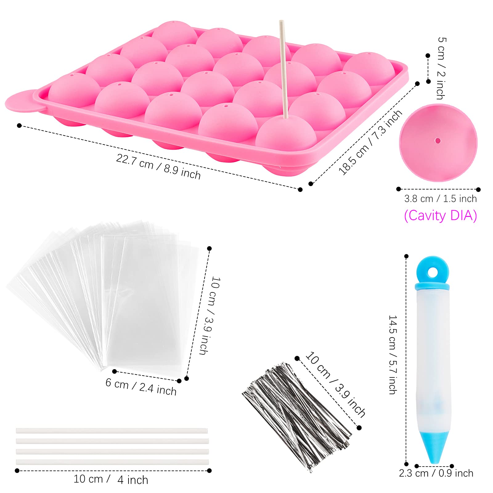 Ocmoiy Cake Pop Mold Set of 262 - including 20 Cavities Silicone Cake Pop Molds, Cake Pop Sticks, Cake Pop Wrappers, Sliver Twist Ties, Decorating Pen