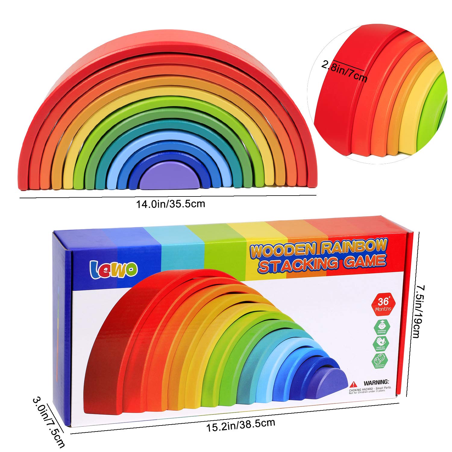 Lewo 12 PCS Wooden Rainbow Stacker Extra Large Stacking Game Nesting Puzzle Building Blocks Educational Toys for Kids Baby Toddlers