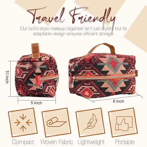 RUBICONS Cosmetic Handbag Makeup Organizer Purse Travel Toiletry Zipper Pouch for Women Red Boho Cotton Case (Red Boho)