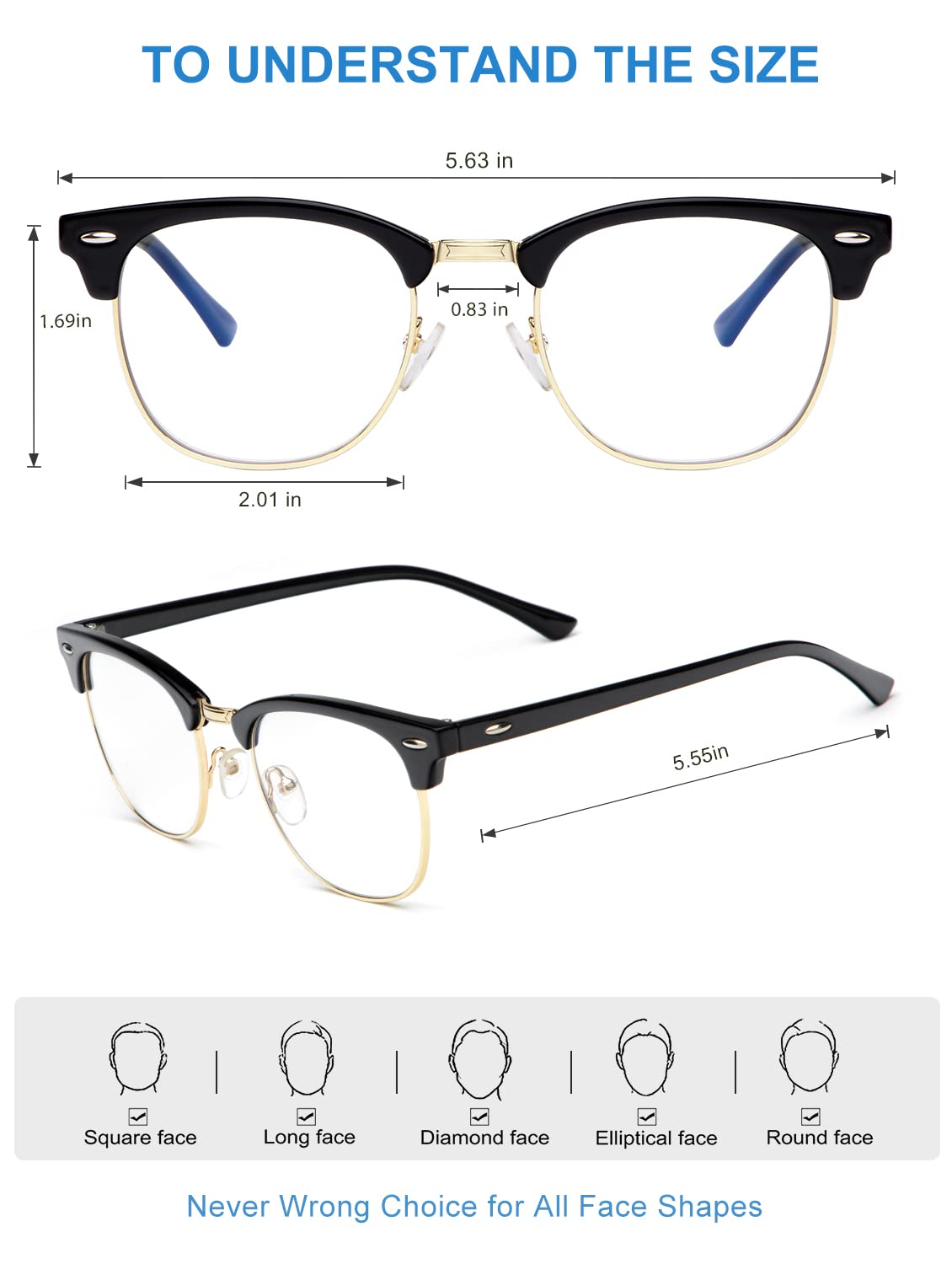 NSSIW Blue Light Glasses for Women and Men, Advanced Computer Glasses, Gaming Glasses, Semi Rimless with Blue Light Blocking, 11 Glossy Black/Golden Rim + Glossy Black/Black Rim, M