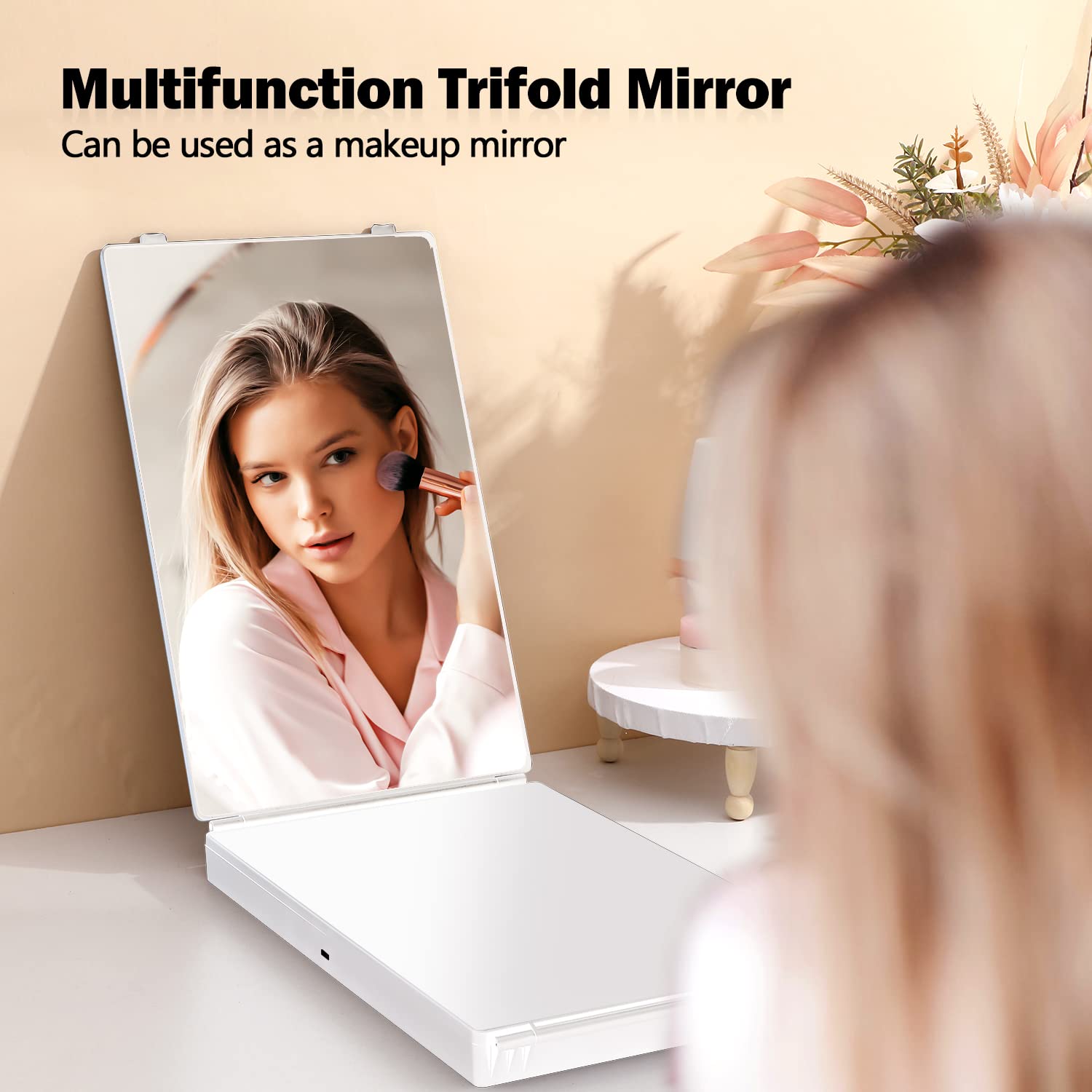 JANMPASK LED 3 Way Mirror for Self Hair Cutting Mirror Vanity Mirror Barber Supplies Accessories 360 Makeup Mirror with Light Trifold Mirror to See Back of Head (White with Light)
