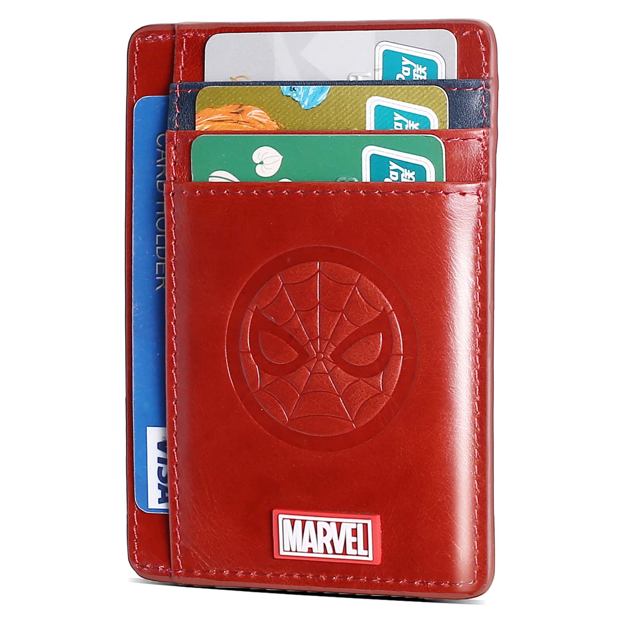 NARYM Genuine Leather Wallet with Spider-Man Character, Slim Minimalist Leather Front Pocket RFID Blocking Wallets for Men Women, Spider-Man, Red