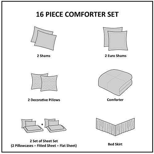 Madison Park Essentials Zara 16 Piece Jacquard Complete Bedding Set with 2 Sheet Sets