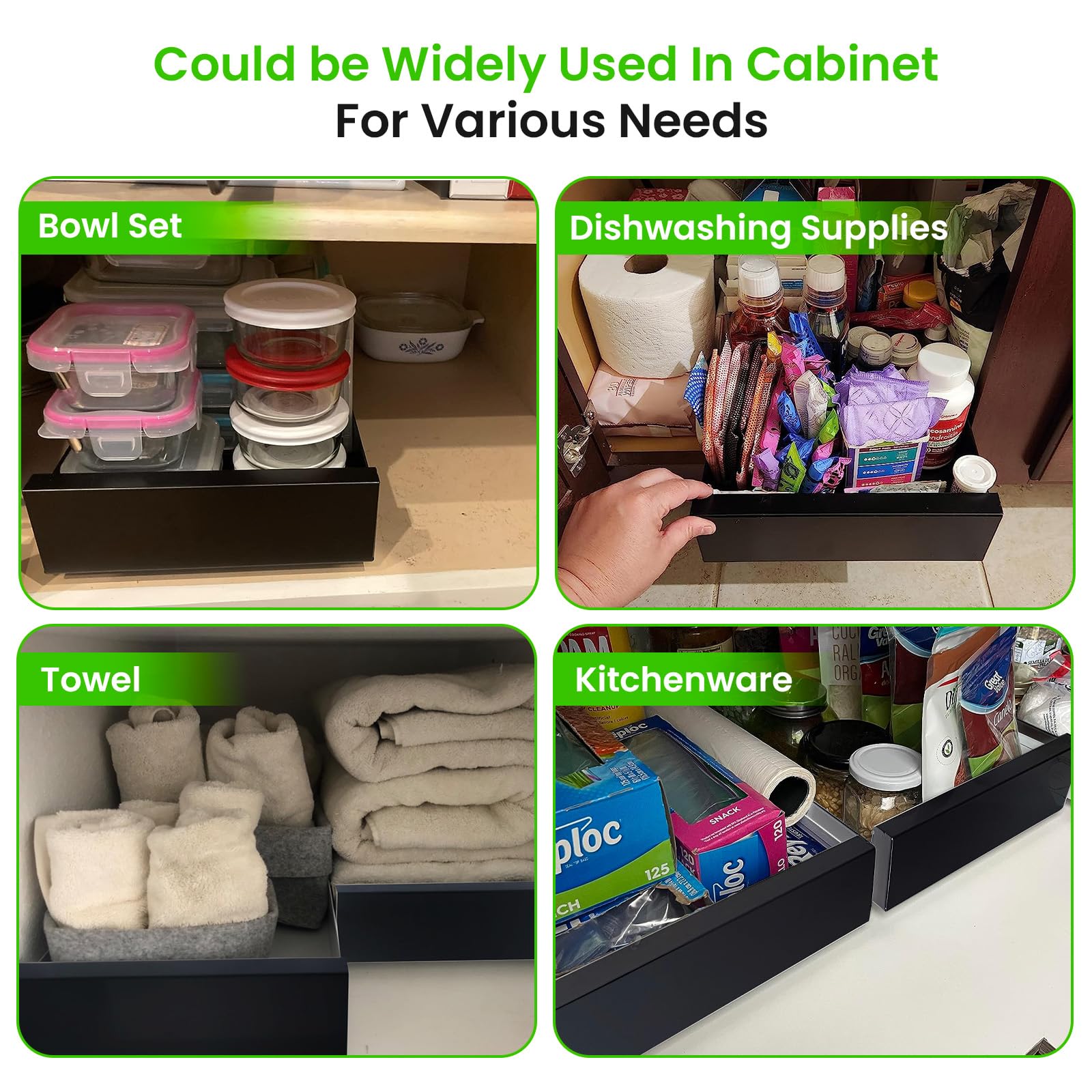 Medach Pull Out Cabinet Organizer,16.9" Lx15.8 Wx3.1 H (1 Pcs) Slide Out Pantry Shelves Fixed with Adhesive,Heavy Duty Organization and Storage Drawers,Sliding Drawer Pantry Shelf for Organizers