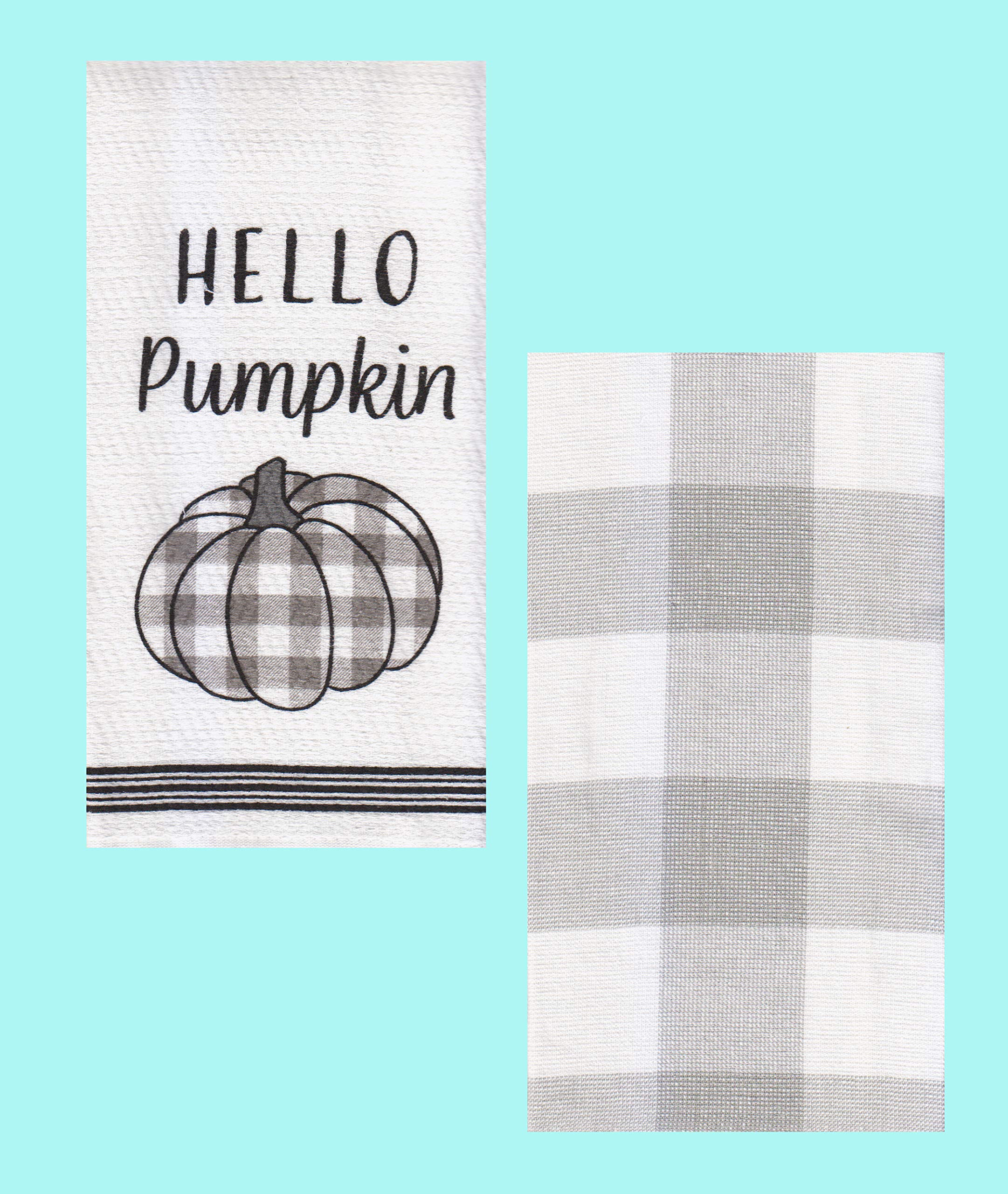 Mainstream Hello Pumpkin Kitchen Hand Towels, Grey and White Checked Buffalo Plaid, Set of 2 Coordinating Cotton Dishtowels for Fall and Thanksgiving Decorating, 16 x 26 inches