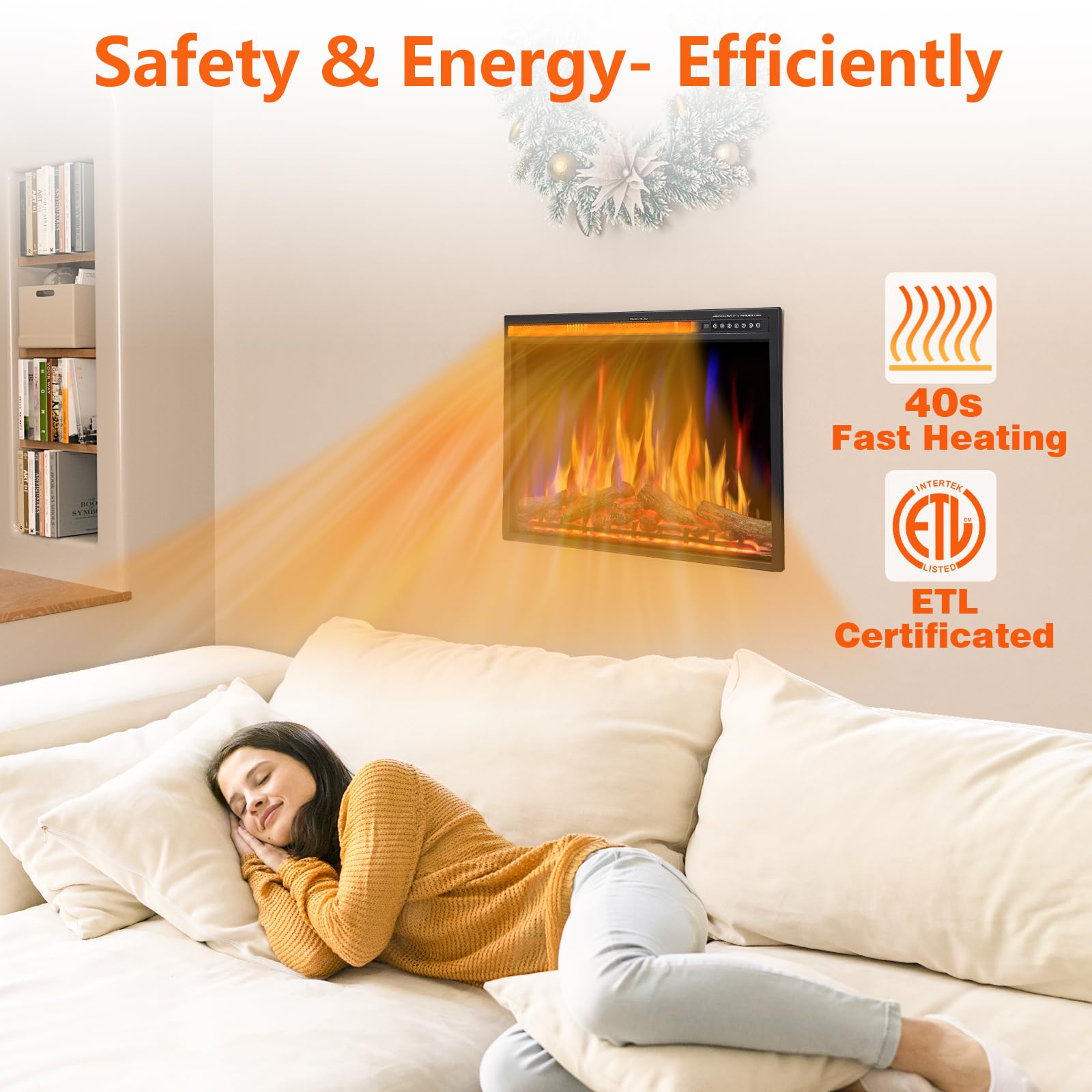 Joy Pebble 34 Inch Electric Fireplace Insert,750W/1500W Recessed Electric Fireplace Heater,Adjustable 5 Flame Color & 5 Burning logs Color,Electric Fireplace with Remote Control&Overheat Protection