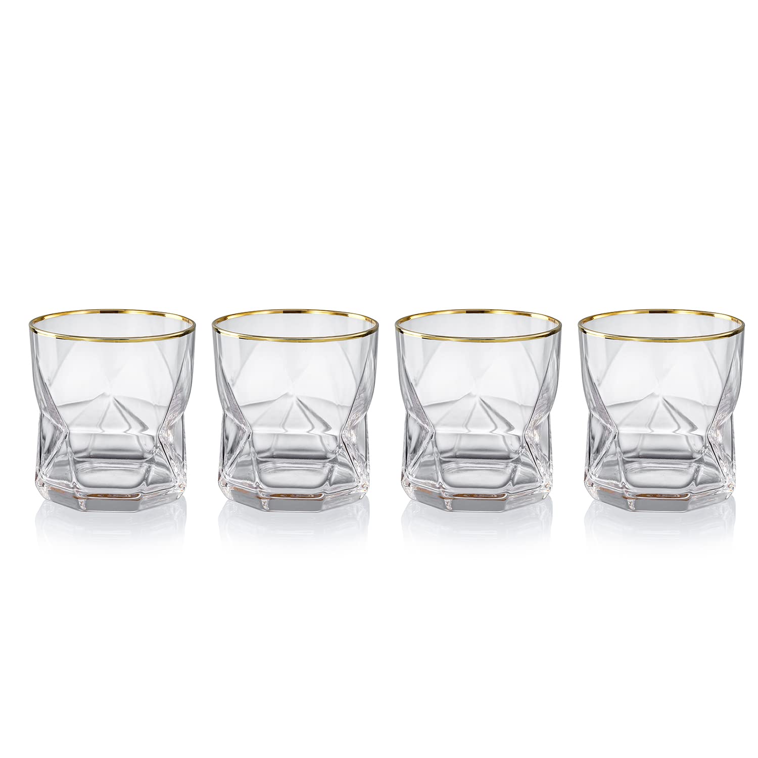 MyGift Set of 4 Clear Glass Old Fashioned Whiskey Tumblers with Prismatic Geometric Shape Design and Gold Rim - 11 oz