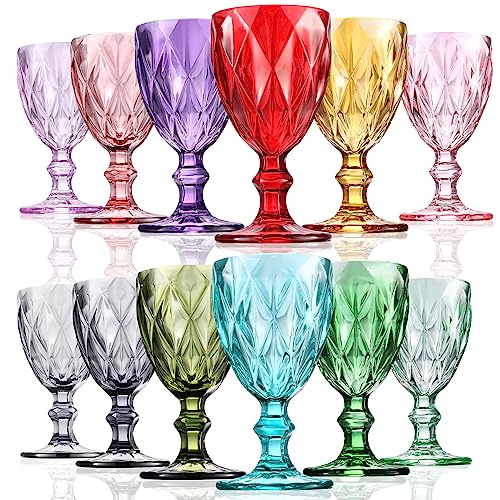 meekoo 12 Pcs Red Wine Glass Colored Glass Goblet 8 oz Stemmed Glassware Colorful Wine Glass Drinking Glass with Stem Vintage Pattern Embossed High Clear for Wedding Party Banquet Feast, 12 Colors