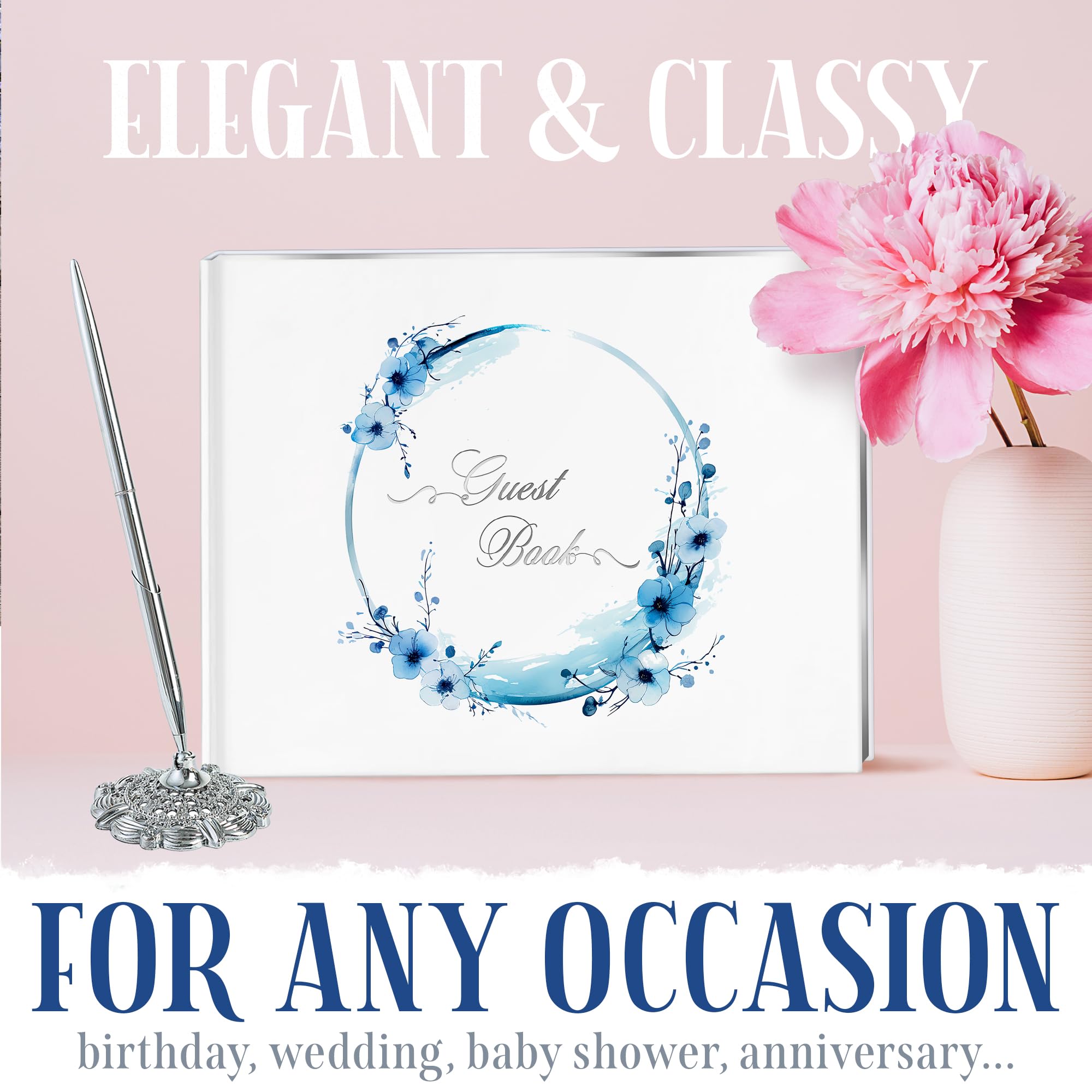 Wedding Guest Book Set includes 3 items , Wedding with a Metal Silver Pen , Guest Book With a Hardcover , Guest Book Wedding Reception Has 110 White Pages , Blank Book is White with Silver Details.