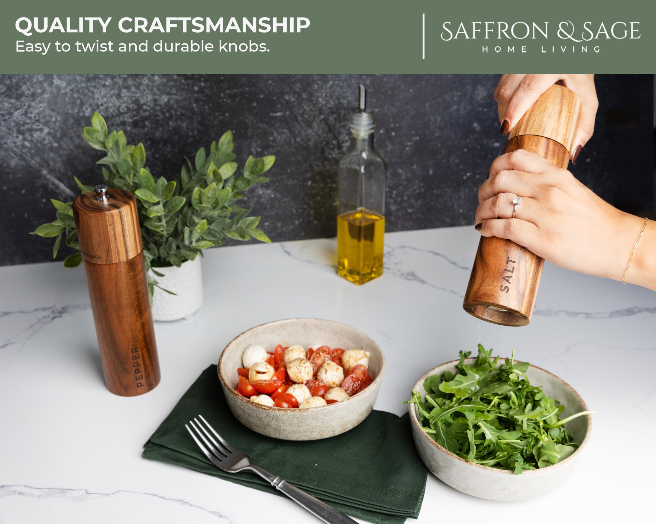 Saffron & Sage Premium Acacia Wood Salt and Pepper Grinder Set of 2-8β Tall Salt and Peppercorn Mill with Adjustable Coarse Settings, Rust Resistant, Smooth and Quality Grinding Mechanism