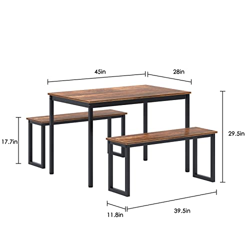 SogesHome 3-Piece Kitchen Dining Room Table Sets, 45ββ Table and 2 Benches for 4, Space-Saving Table Set for Restaurant, Coffee Shop, Living Room, Small Space