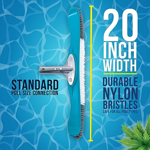 U.S. Pool Supply Professional Heavy Duty 20" Flexible Floor & Wall Pool Brush with Polished Aluminum EZ Clip Handle - Curved Ends, Durable Nylon Bristles - Sweep Debris from Walls, Floors, Steps