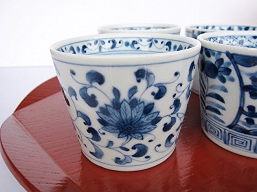 Mino Ware Japanese Soba Choko Cups Japanese Traditional Flowers and Pomegranate Pattern Set of 4