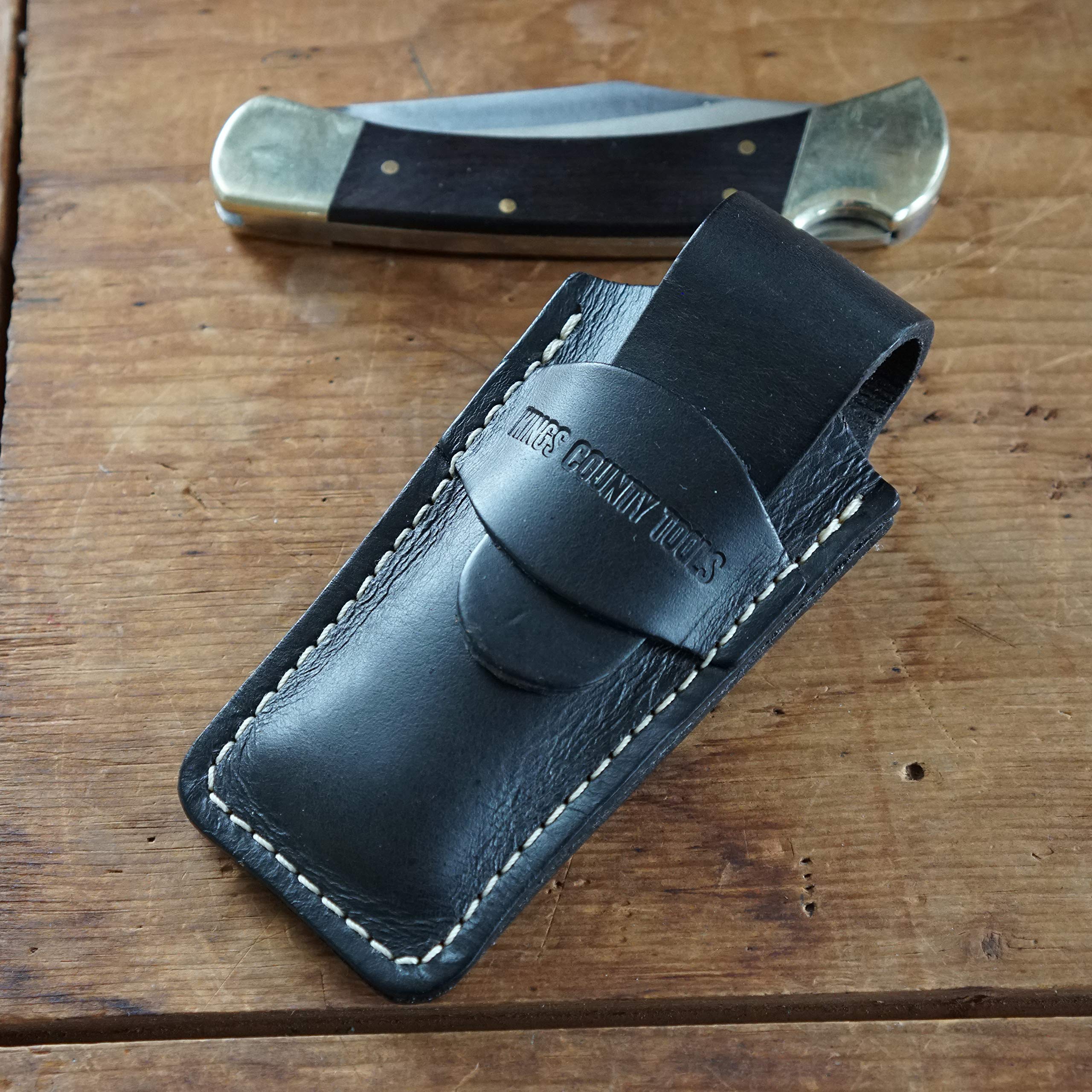 Kings County Tools Lock-Back Hunting Knife | USA Made Leather Sheath | 3-3/4” Long Blade | Total Open Length of 8-3/4” | Sturdy and Compact | Integrated Belt Loop