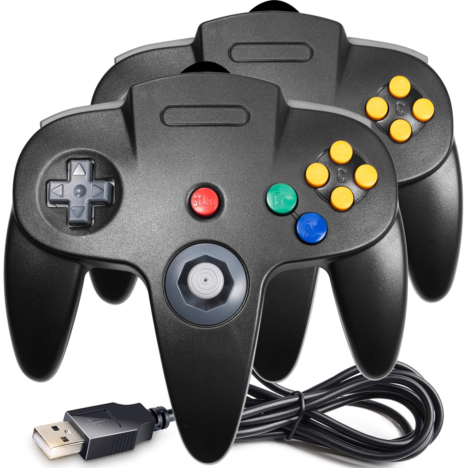 SAFFUN 2 Pack [USB Version] USB N64 Controller, N64 Wired PC Gamepad [3D Analog Stick] for Windows PC MAC Linux Raspberry Pi Genesis Higan Project 64 Retropie OpenEmu Emulator (Plug & Play) (Black)