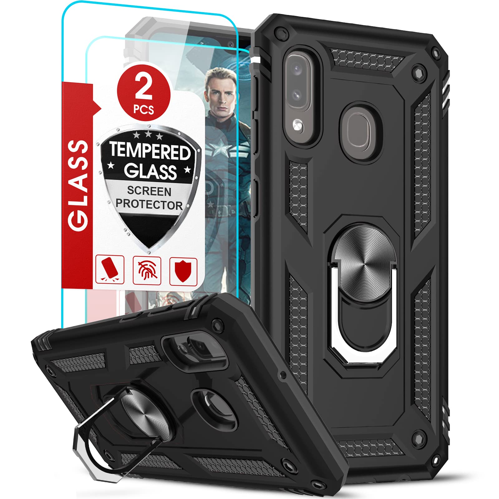LeYi Compatible for Samsung Galaxy A20/ A30 Case (Not Fit A20S) with Tempered Glass Screen Protector, [Military-Grade] Magnetic Car Mount Kickstand Phone Cover Case for Samsung A20/ A30 (Black)