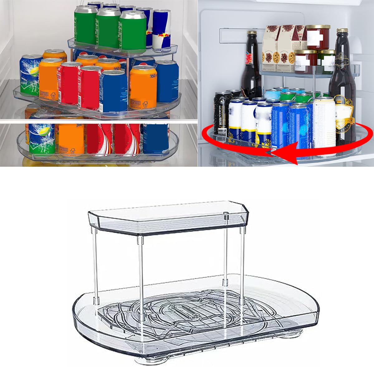 LIECHO Double-Deck Clear Rectangular Turntable Organizer for Refrigerator,Lazy Susan Spinning Food Storage Container for Spices,Condiments, Beer Beverage ,16.54 Inches