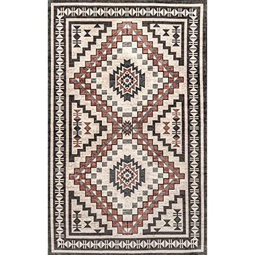 nuLOOM Leighton Machine Washable Southwestern Medallion Ultra Thin Area Rug, 6x9, Beige