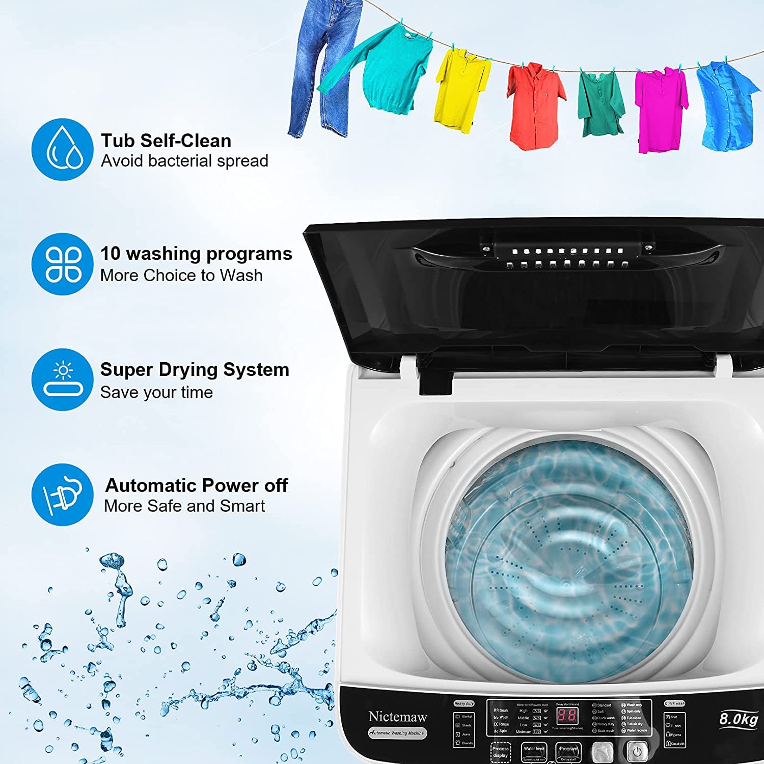 Nictemaw Portable Washing Machine 17.8lbs Capacity Full-Automatic 2.3 Cu.ft Portable Washer and Dryer Combo with 10 Programs and 8 Water Level Selections Compact Washer for Apartments, Home, Dorms, Rv