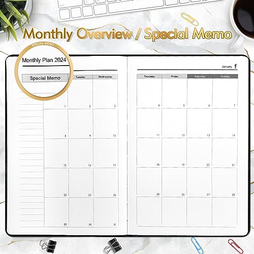 KESOTE 2024 Daily Hourly Planner - One Page a Day, 2024 Diary Planner 5.7 x 8.3" Hardcover Monthly Planner Agenda 12 Month, A5 College Notebook Planner, Black