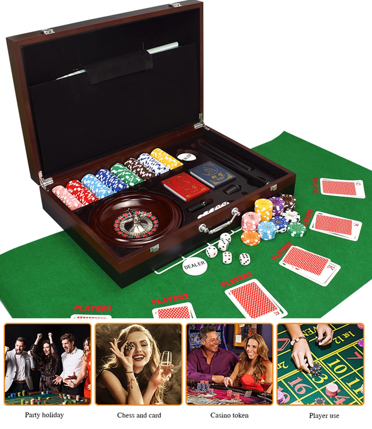 Russian Roulette Wheel Set Table Game Props for Game Night Essential, Sweepstakes Roulette with Wood Box, Play Mat,Steel Ball, Chip Hook, Dice, Poker