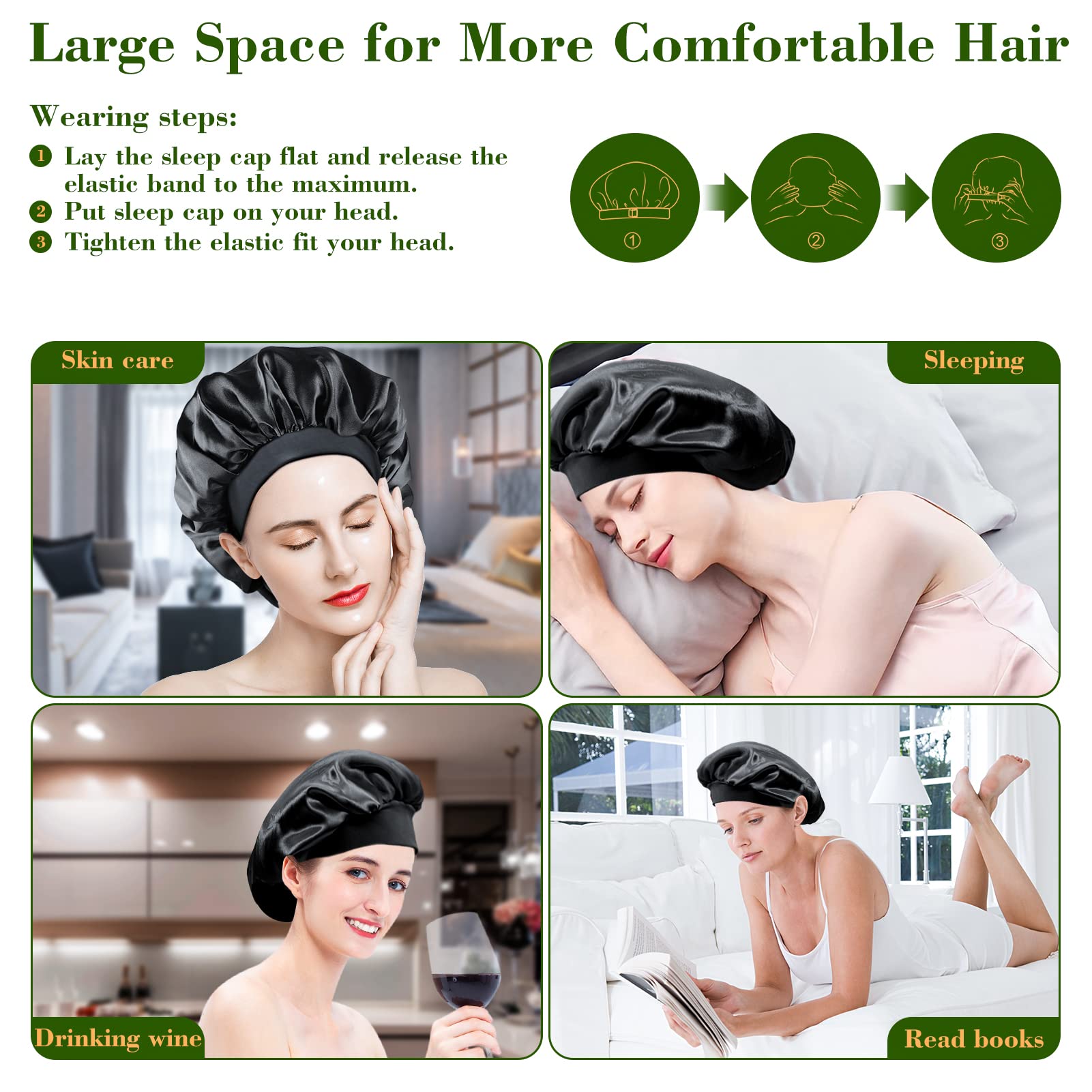 Satin Bonnet Silk Bonnet for Sleeping Silk Sleep Cap Hair Bonnet for Sleeping Bonnets for Women Curly Natural Braid Hair Bonnet for Men Adjustable Wide Band Double Layer(Black)