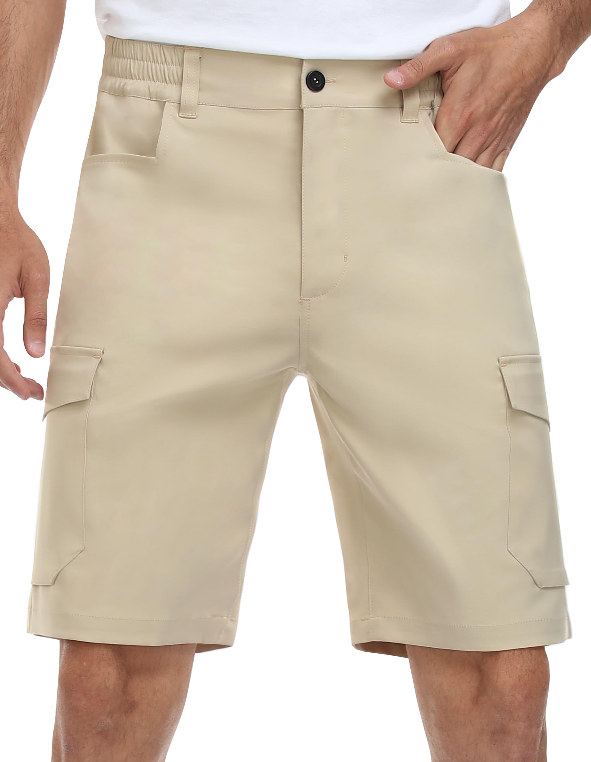 PULI Hiking Shorts Men 10 Inch Inseam Lightweight Cargo Quick Dry Casual Summer Stretch Golf Shorts with Pockets Beige 34