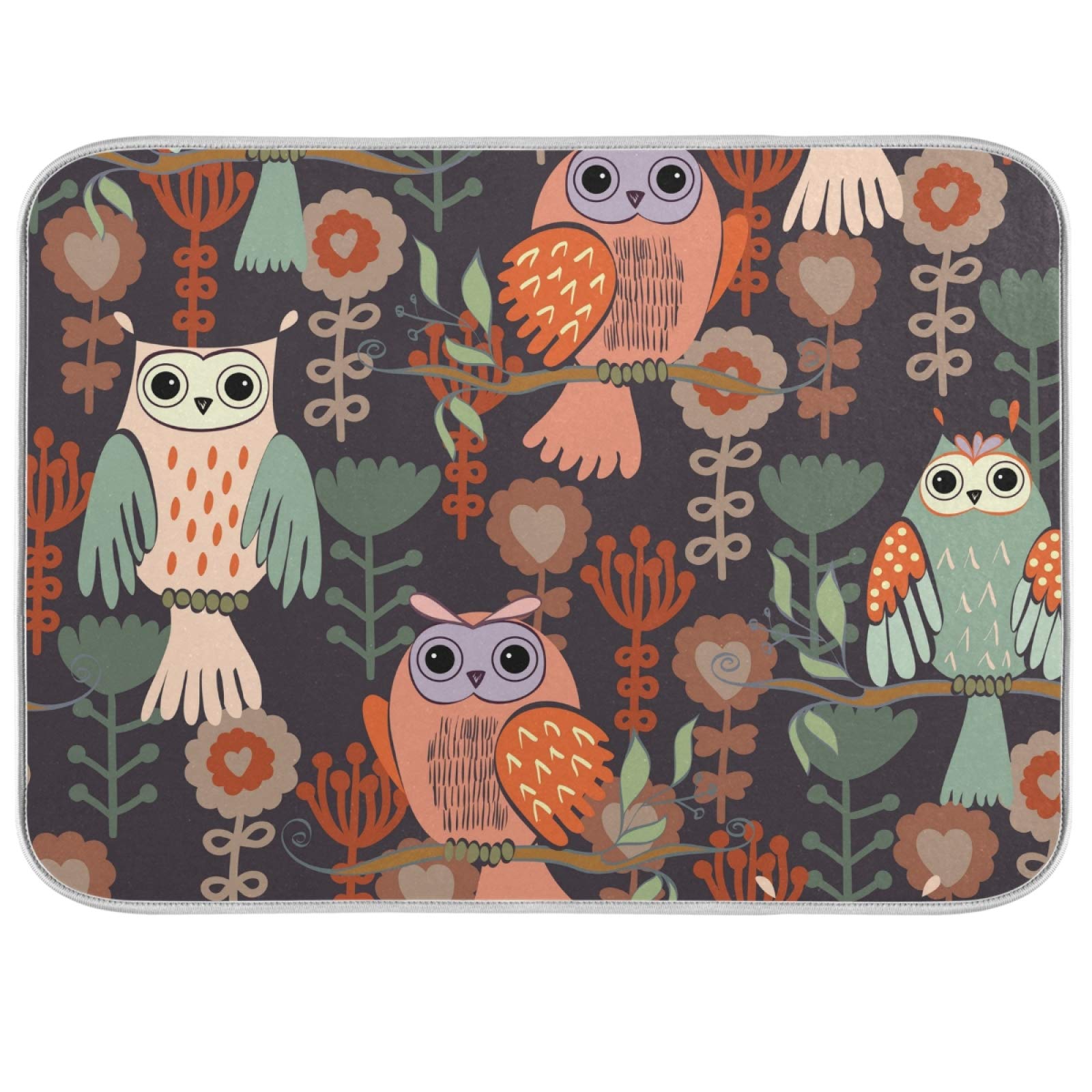 OTVEE Owl Printed Machine Washable Absorbet Dish Drying Mat Kitchen Counter Pad Cute Animal Heat Resistant Microfiber Counter Protector with Hanging Loop, 16X18inch